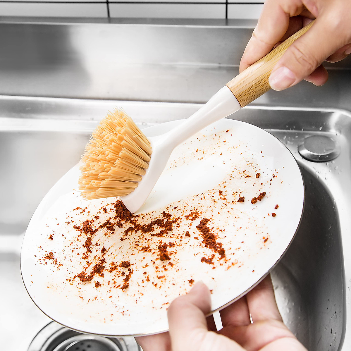 FunCee 2 Pack Kitchen Dish Brushes with Bamboo Handle, Dish Scrubber Built-in Scraper, Scrub Brush for Pans, Pots, Counter & Kitchen Sink Cleaning, Dishwashing and Cleaning Brush Tools, White