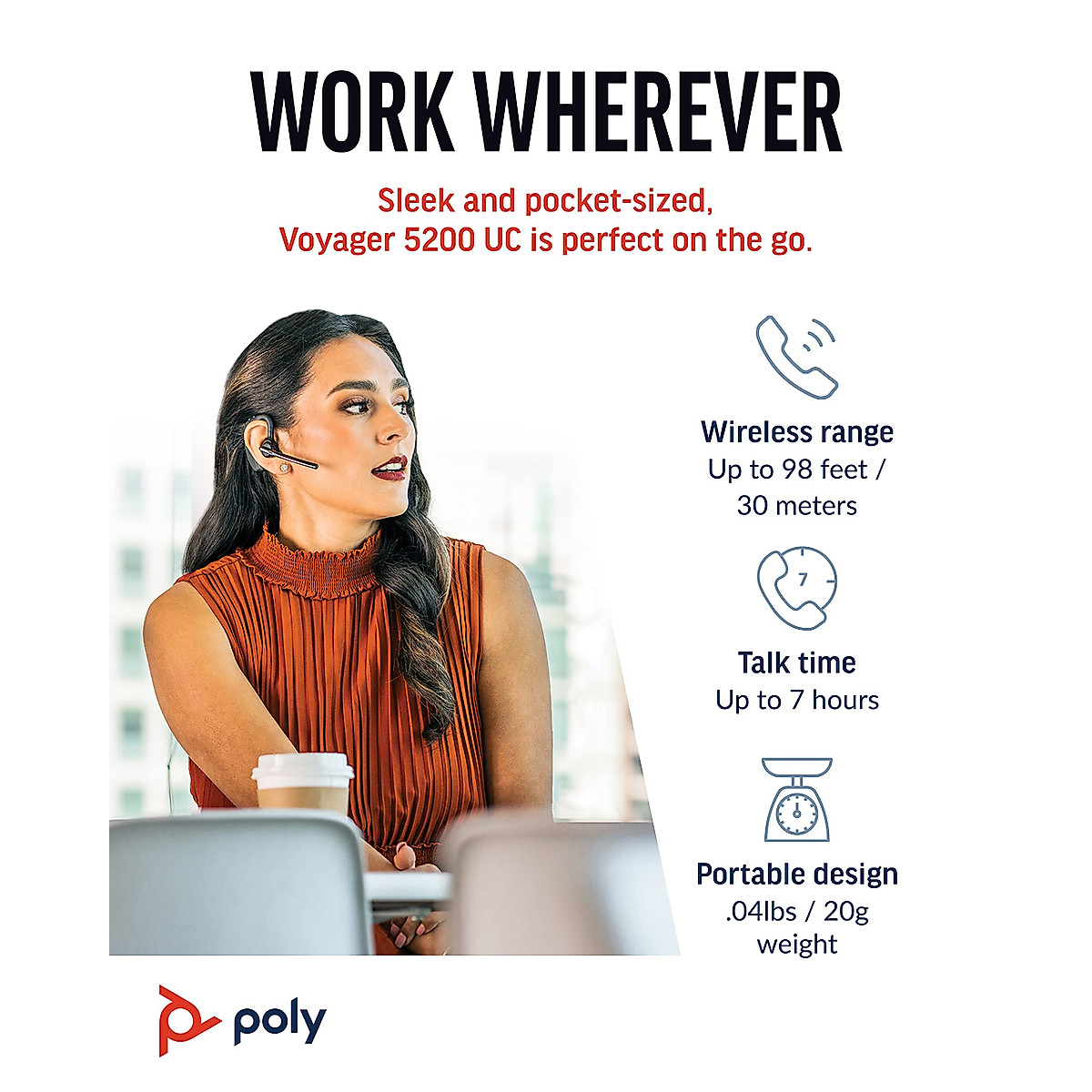 Plantronics - Voyager 5200 UC (Poly) - Bluetooth Single-Ear (Monaural) Headset - USB-A Compatible to connect to your PC and/or Mac - Works with Teams, Zoom & more - Noise Canceling,Black