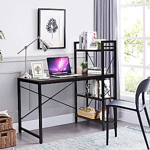Tangkula Computer Desk with 4 Tier Shelves, Study Writing Table with Storage Bookshelves, Modern Compact Home Office Workstation, 47.5" Tower Desk with Steel Frame & Adjustable Feet Pad, Walnut