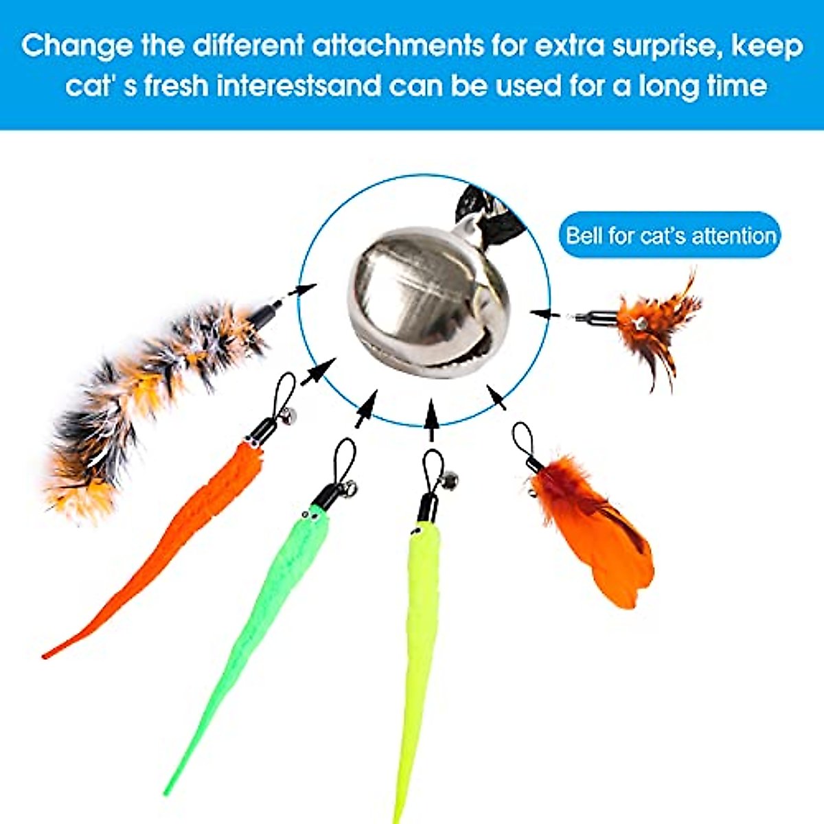 9 PCS Cat Fishing Pole Toy, Retractable Cat Feather Toys with Cat Wand Plush Fish Worm Feathers with Bells Catnip Interactive Cat Teaser Toys for Kitten Cat