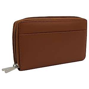 MARSHAL Genuine Leather Womens RFID Blocking Security Double Zip-around Indexer Phone Wallet (Tan)