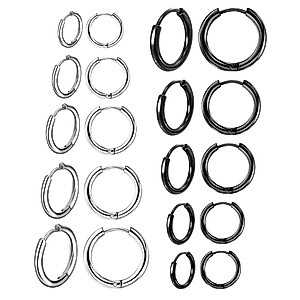 BOUTIQUELOVIN 10 Pairs Stainless Steel Hoop Earrings for Men Small Black Hoop Earrings Set Mens Hypoallergenic Huggie Hoops Earing