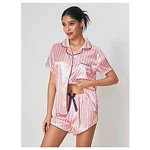 WDIRARA Women's Satin Sleepwear Short Sleeve Button Shirt and Shorts Pajama Set Silky PJ Striped Pink XL