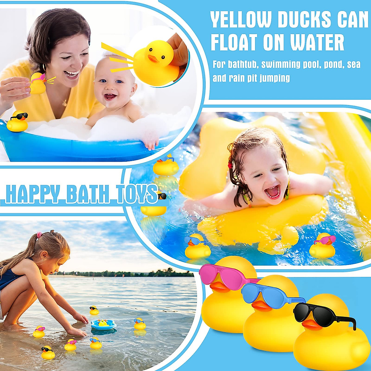 24 Pcs Mini Rubber Ducks with Sunglasses, Rubber Ducks in Bulk Valentine Duck Bathtub Toys for Cruise Valentines Kids Classroom Gift Exchange (Eyeglasses, Yellow, Blue, Pink, Black)