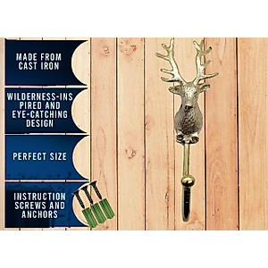 5MOONSUN5 Vintage Deer Head Coat Hook, Heavy Duty Antique Brass, Wall Mounted Animal Collection Deer Single Coat Hook Clothes Rack Wall Hanger, Polish Finish