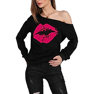 MAGICMK Woman’s Sweatershirt Lips Print Causal Blouse Off The Shoulder Long Sleeve Loose Slouchy Pullover Plus Size Tops…(XXXL)