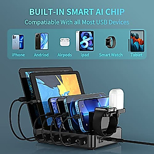 Charging Station for Multiple Devices,68W 6 Ports Charging Dock with PD 20W USB-C & Quick Charge 3.0,8 Short Charging Cables Included,i-Watch Holder, Compatible with Cellphone iPad,Tablets