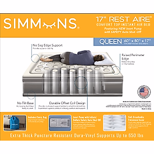 Simmons Rest Aire Mattress Air Bed with Side Built-in Pump and Soft Velveteen Topper, 17" Queen