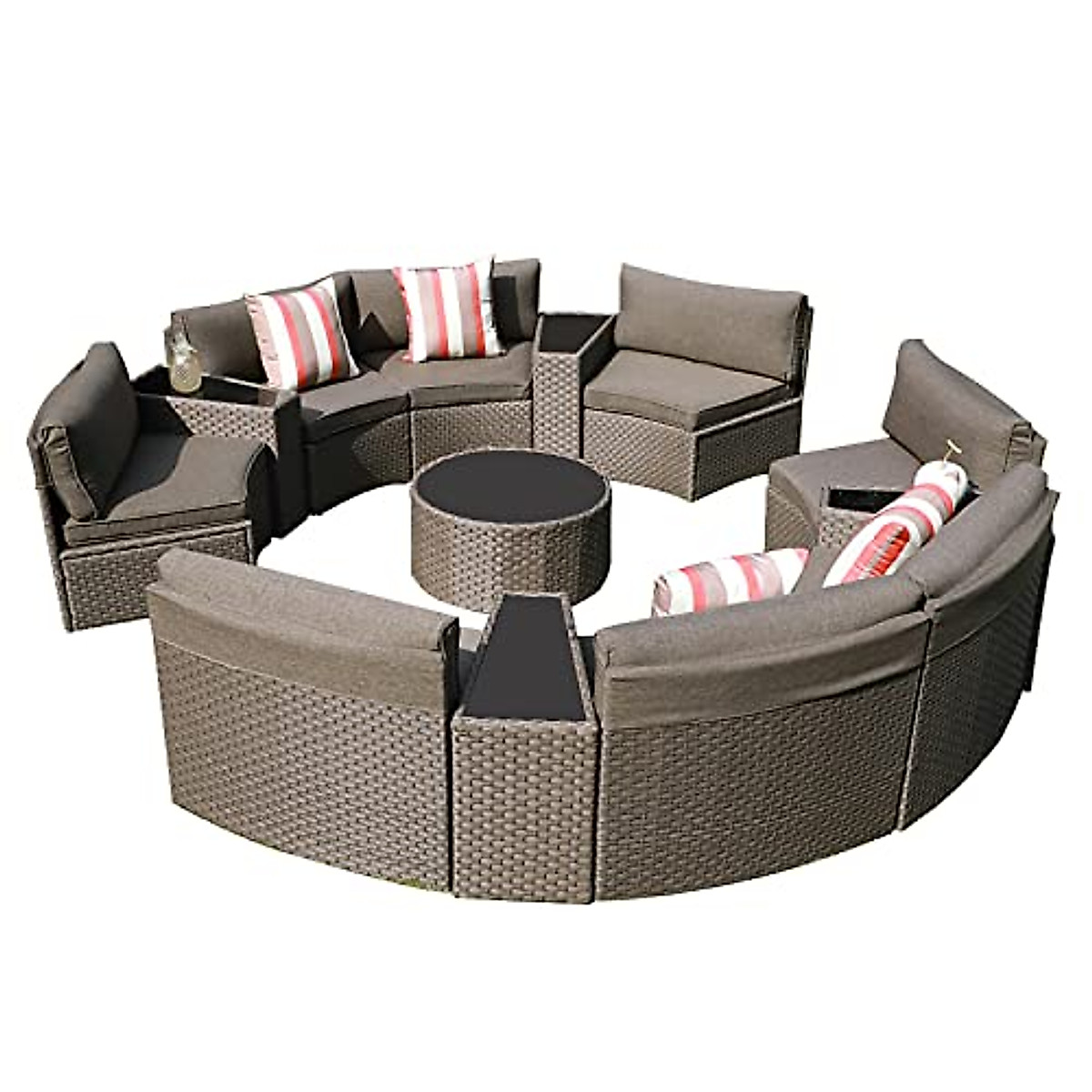 SUNSITT Patio Furniture Set 13-Piece Round Sectional Sofa Patio Furniture Wicker Sofa with 4 Side Tables and 4 Pillows for Patio, Yard, Garden or Backyard (Grey Brown)