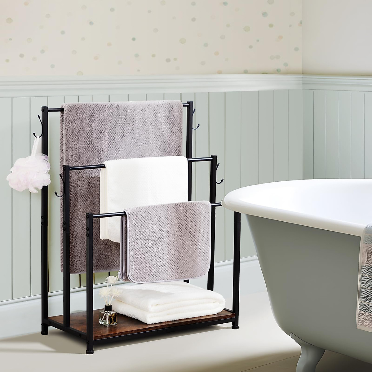 LOAKEKEL 3 Tier Towel Rack with 4 Hooks, Freestanding Blanket Ladder, Towel Holder with Metal Frame, Blanket Rack for Bedroom, Blanket Holder for Bathroom, Brown HTR032BR