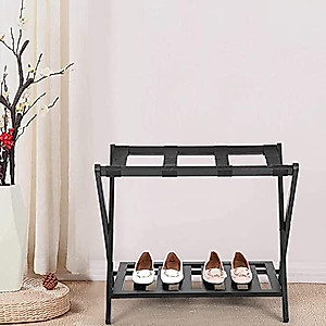Guest Room Luggage Rack, Folding Suitcase Stand Luggage Rack, Solid Wood Multifunctional Clothes Rack Foldable 2 Tiered Suitcase Rack with Easy Assembly for Hotel Apartment (Color : Black, Size : 60x5