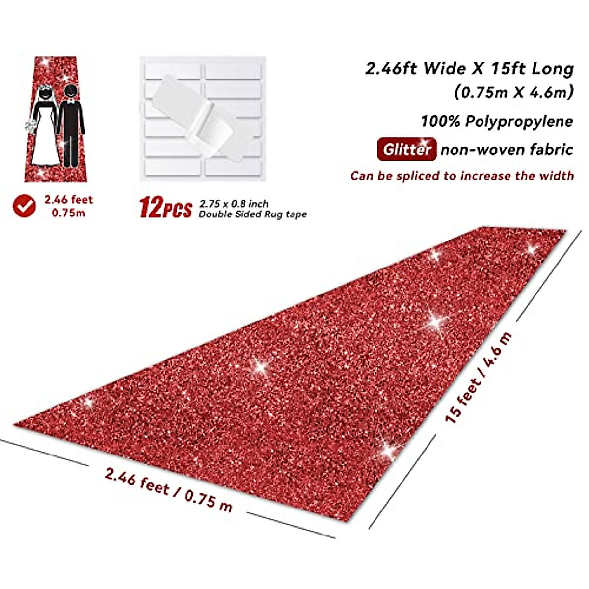 EZLucky Glitter Red Carpet Runner for Party, 2.46X15 ft, 200 GSM Glitter Non-Woven Fabric, Hollywood Red Carpet for Event, Aisle Runner for Wedding Ceremony, Movie Theme Party Decorations