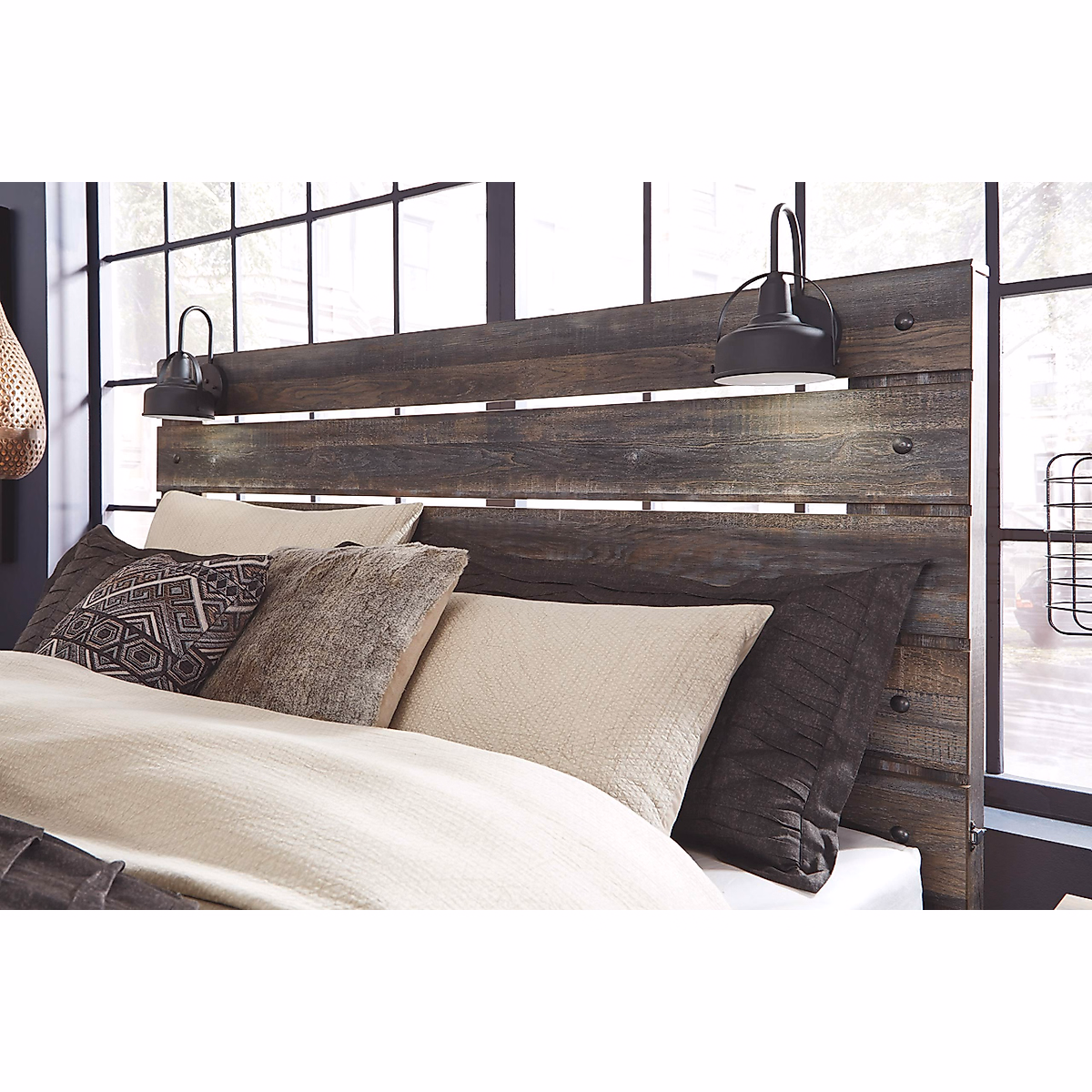 Signature Design by Ashley Drystan Rustic Panel Headboard ONLY with USB Charging Stations, Queen, Brown