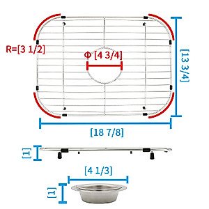 YORZSDI Protectors for Kitchen Sink, 18-7/8" x 13-3/4" Stainless Steel Sink Grid with Center Drain, Sink Bottom Grid Grates for Kitchen Sink Accessories with Sink Strainer and Protective Rubber Feet