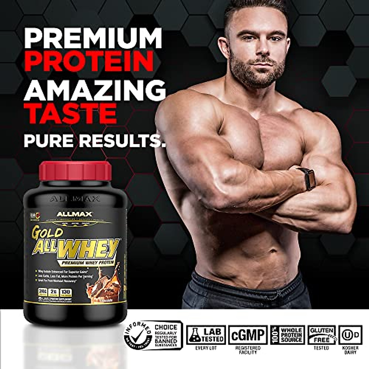 ALLMAX Nutrition - Gold ALLWHEY Protein Powder, Whey Protein Blend for Strength and Muscle Gains, Post Workout Recovery, Gluten Free, 24 Grams of Protein, Chocolate, 5 Pound