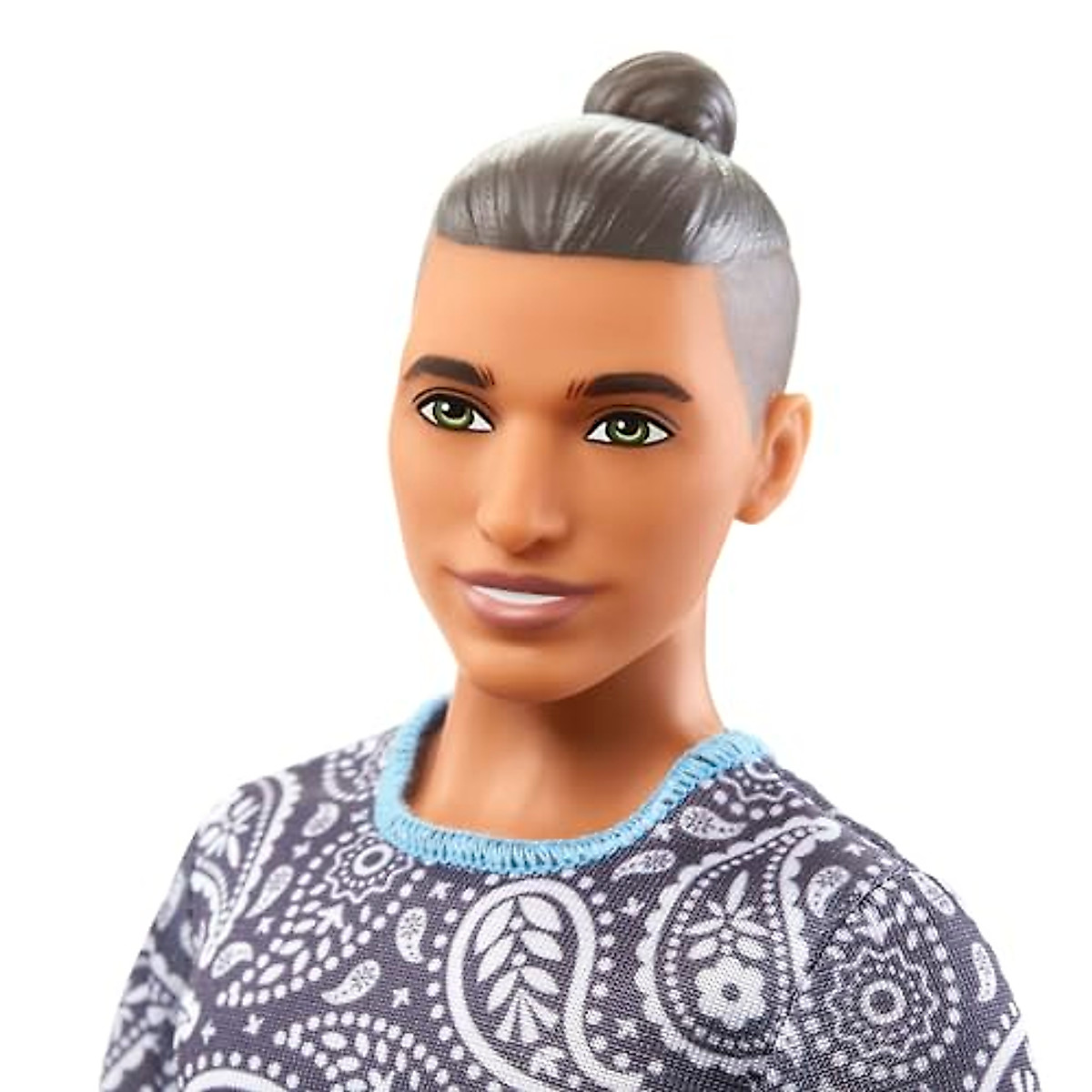 Barbie Ken Doll, Kids Toys, Fashionistas, Brown Hair in Bun, Paisley Tee and Shorts, Clothes and Accessories