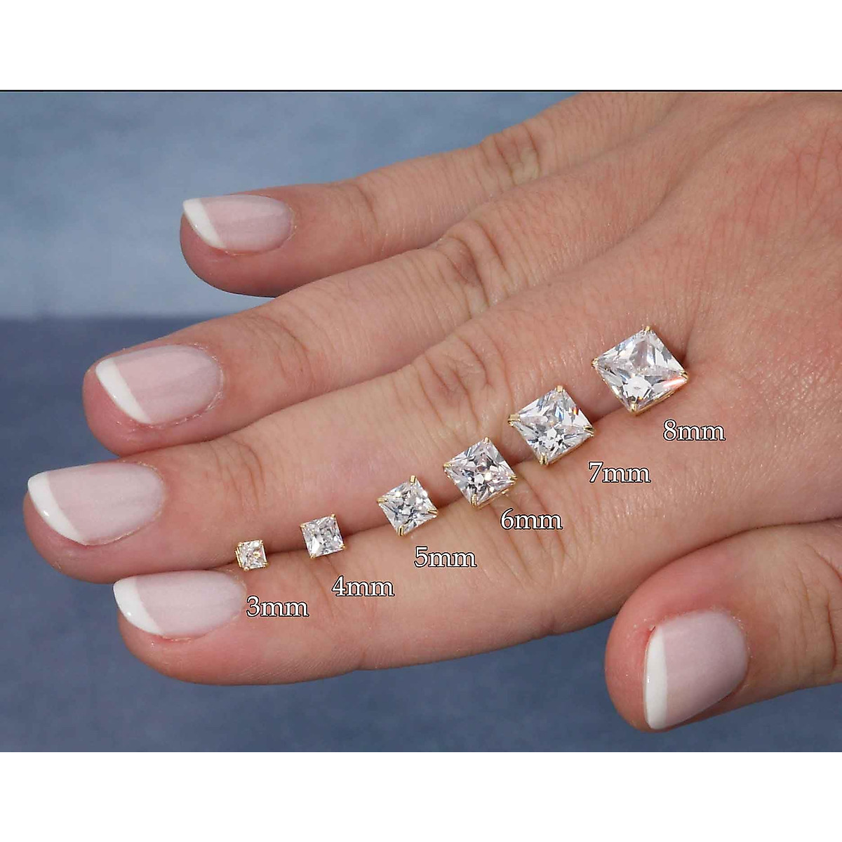 Solid 14k Yellow Gold Square Solitaire Cubic Zirconia Princess-cut Large CZ Stud Earrings for men and women (7mm)