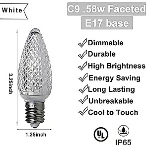 Set of 25 C9 White Faceted Cover Led Replacement Light Bulbs, Dimmable High Brightness E17 Christmas Decorative String Lights for Outdoor Holiday Decoration (White)