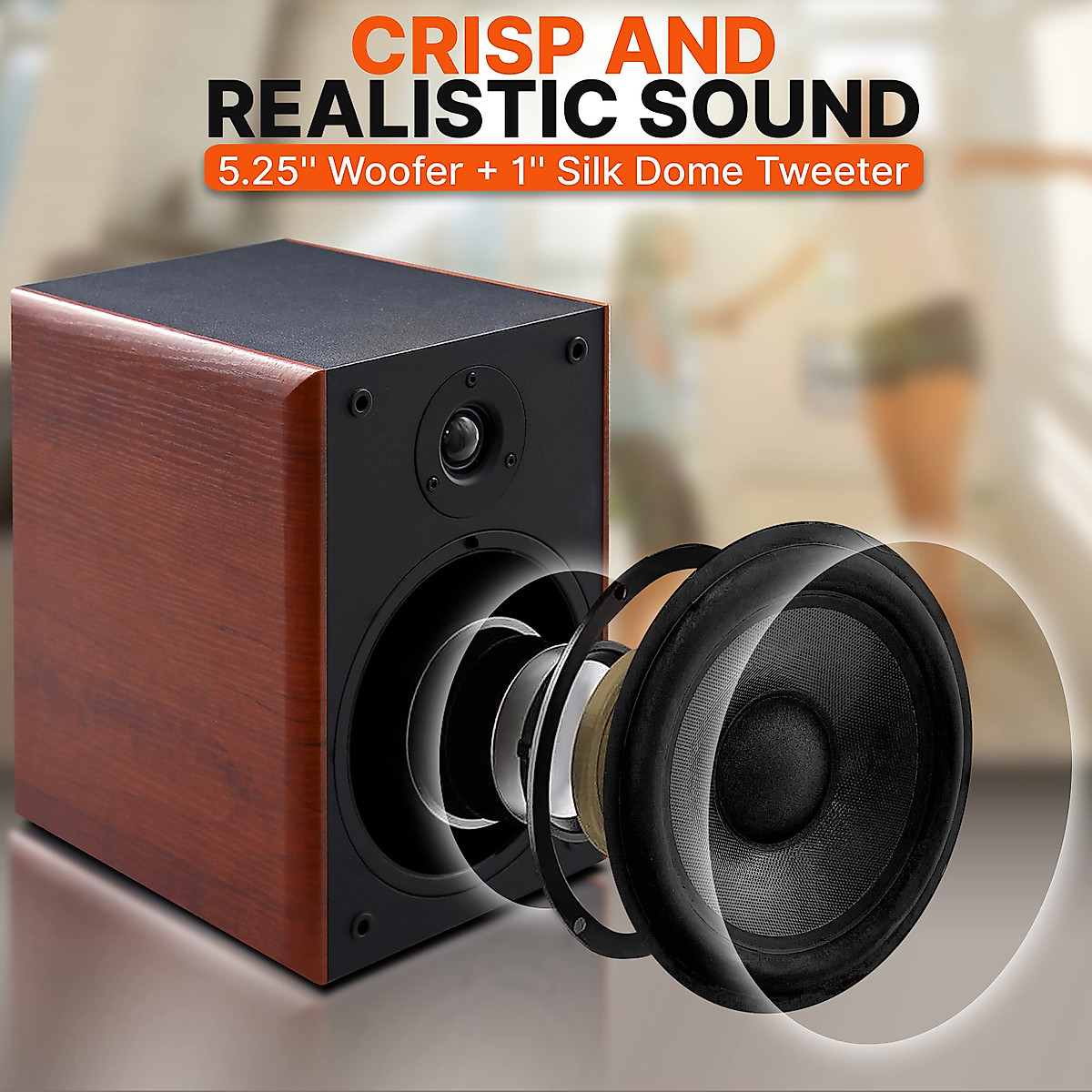 PyleUsa 5.25" Home Wooden Bookshelf Speakers, 200W Max Power, 1" Silk Dome Tweeter and Aluminum Voice Coils, Pair, Gold Plated 5 Way Binding Post,Rubber Surrounds,Beautiful Wood Grain Finish- PHQBS52