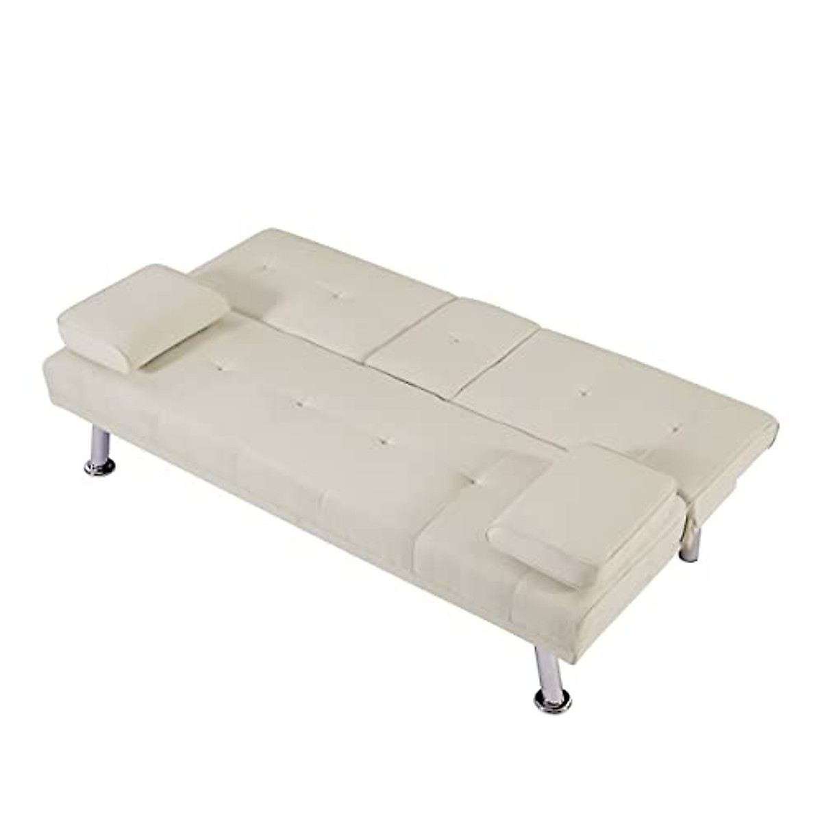 Eafurn Futon Bed Sleeper Loveseat, Convertible Folding Armrest, Adjustable Backrest, Modern 2 Seater Upholstered Love Seat Sofa& Couches Sofabed, Beige Fabric w/ 2 Cupholders