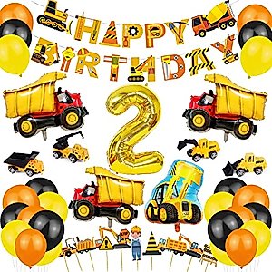 Refasy Birthday Decorations for Boys,Construction Party Supplies for 2nd Birthday Dump Truck and Digger Balloons,Birthday Banner,Cupcake Toppers for Kids Birthday Party