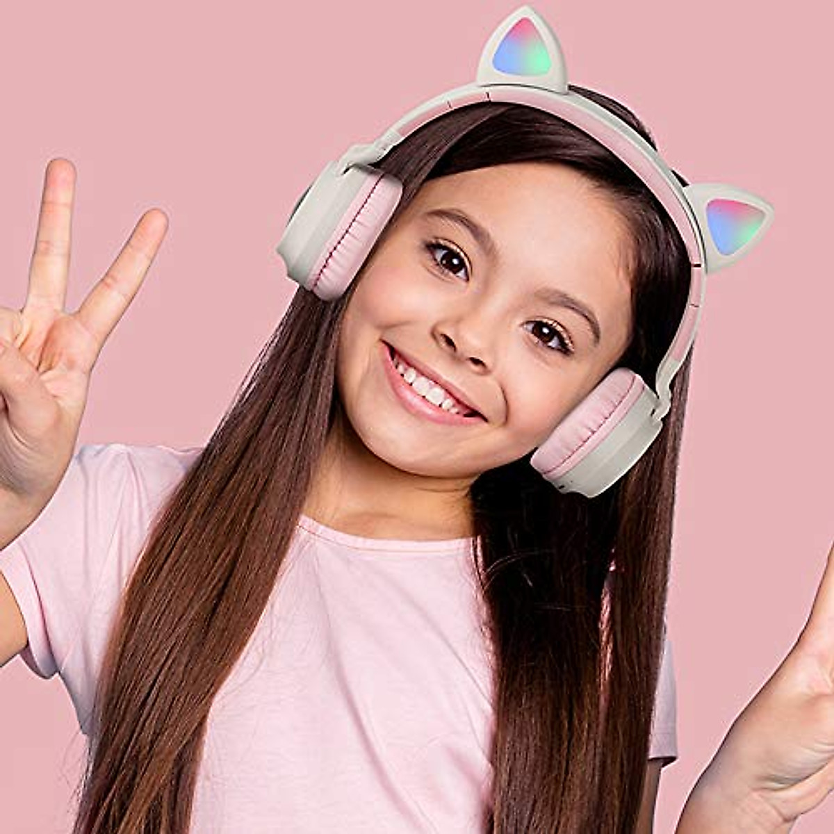 Aresrora Wireless Bluetooth Kids Headphones, Cat Ears Bluetooth Over Ear Headphones Volume Limiting,LED Lights, FM Radio, TF Card, Aux, Mic for iPhone/iPad/Kindle/Laptop/PC/TV (Purple)