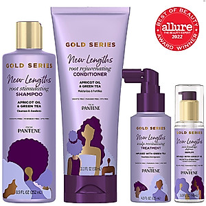 Pantene New Lengths Bundle with Root Stimulating Shampoo, Rejuvenating Conditioner, Scalp Revitalizing Treatment and Anti-Breakage Serum, made with Apricot Oil and Green Tea, for Natural and CurlyHair