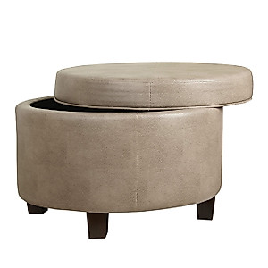 Homepop Home Decor | Upholstered Faux Leather Round Storage Ottoman | Ottoman with Storage for Living Room & Bedroom, Taupe Brown