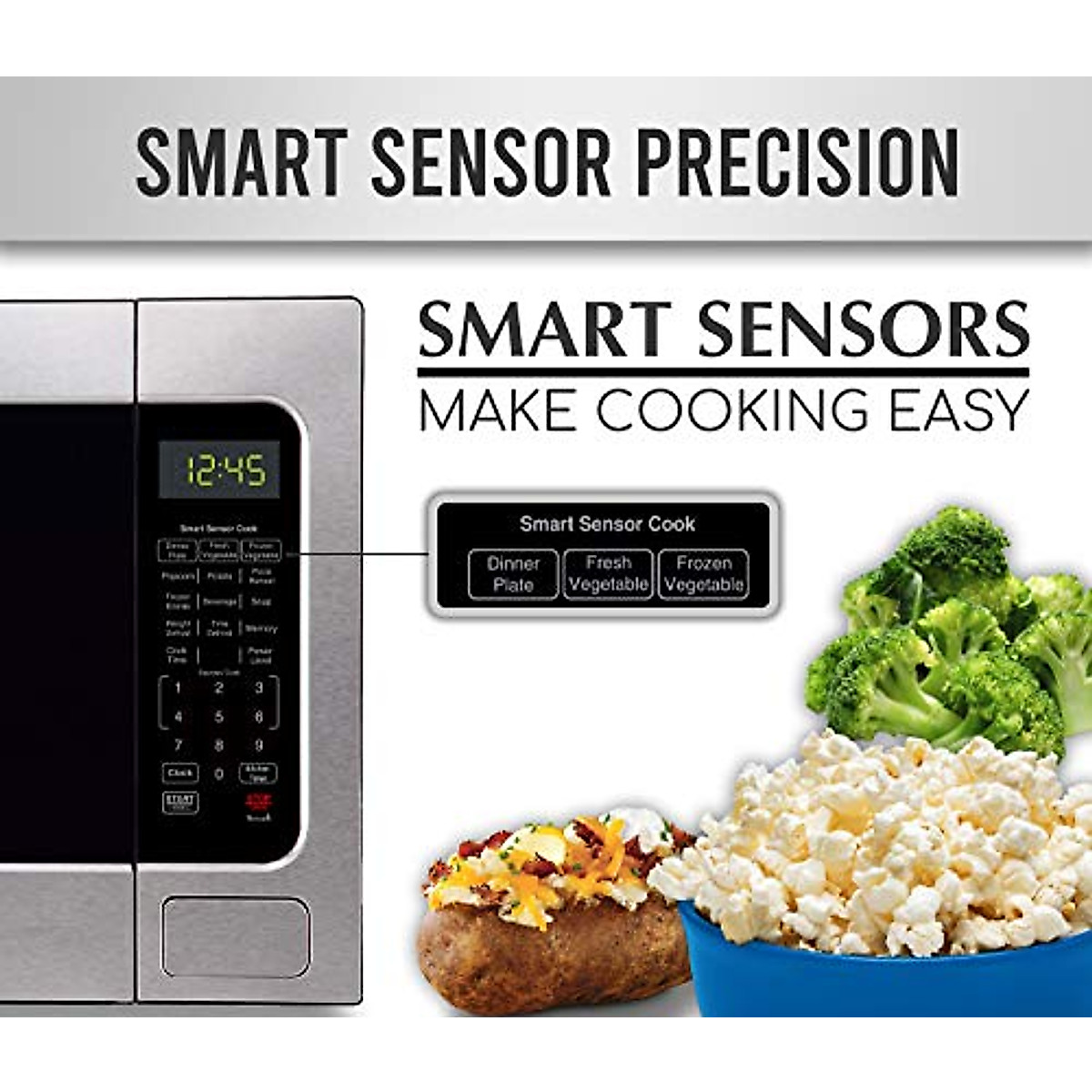 Farberware Countertop Microwave Oven 2.2 Cu. Ft. 1100 Watt, with Smart Sensor Cooking, ECO Mode and LED Lighting, Child Lock, Easy Clean Black Interior, Stainless Steel