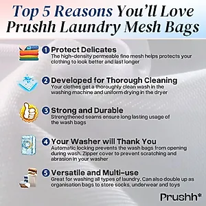 Prushh 3Pc Spacious Durable Mesh Laundry Bags (16x20 Inches) Protects Delicates, Fine Mesh for Uniform Wash & Dry, Auto-Lock Zipper, Washer-Friendly, For Home, Dorm or Storage, Fits Socks to Sweaters