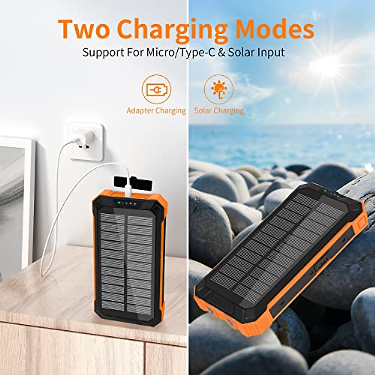 Solar Charger 30000mAh Qi Wireless Solar Power Bank Built in 2 Cables Portable Charger with LED Flashlight for iOS/Android Cell Phone Tablet and Outdoor Camping for Cell Phone