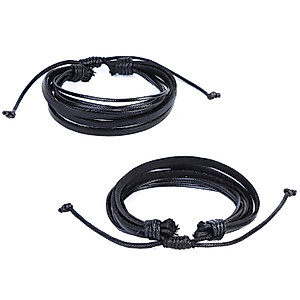 STWTR Adjustable Leather Bracelet Black Leather Wristband cuff genuine men and women