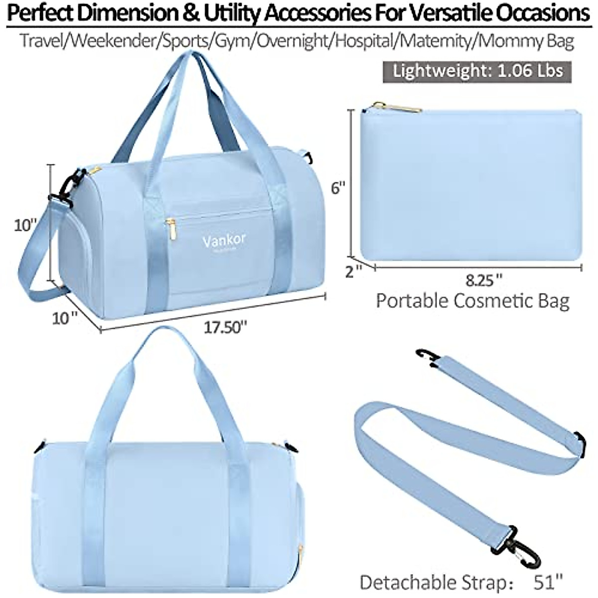 Gym Bag for Women with Shoe Compartment Waterproof, Sports Duffle Bag for Travel Duffel Weekender Carry on Beach Yoga Overnight Luggage Mommy Maternity Hospital Bag Blue 17.50 Inch