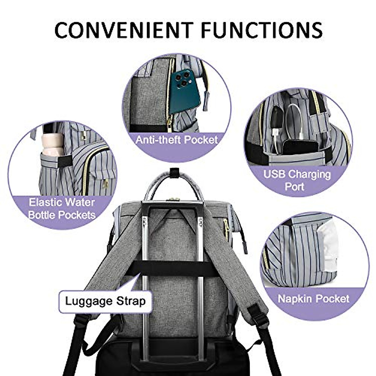 LOVEVOOK Backpack Women Laptop Bag Plait Laptop Backpack Computer Bag Work Bag Backpack Purse with USB Charging Port and Luggage Strap,All Stripe Grey