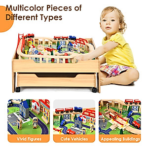 HONEY JOY Train Table, Wooden Kids Activity Table with Storage Drawer, 100 Multicolor Pieces, Tracks, Trains, Cars, Toddler Train Table Set, Gift for Boys Girls Age 3+, Natural