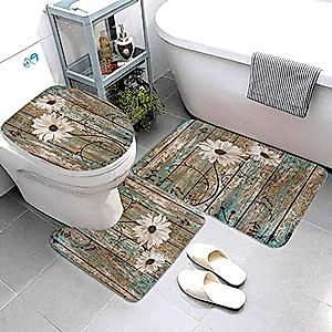 4 PCS Rustic Flower Shower Curtain Set with Non-Slip Rug,Toilet Lid Cover,U Shape Mat,Farmhouse Waterproof Fabric Shower?Curtains with 12 Hooks and Rug Mat Set for Bathroom,71''L