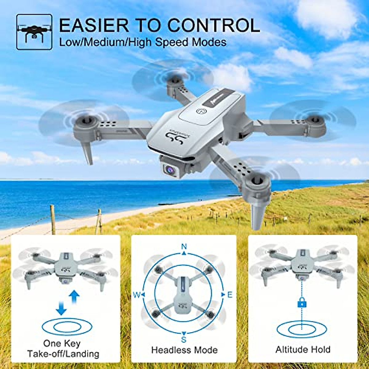 ScharkSpark Drone with 2K HD FPV Dual Camera for Adults and Kids, Mini RC Drone with 3D Flips/Altitude Hold/Headless Mode/Gesture Selfie/Waypoint Flight, 2 Batteries and Case, Gifts for Boys and Girls