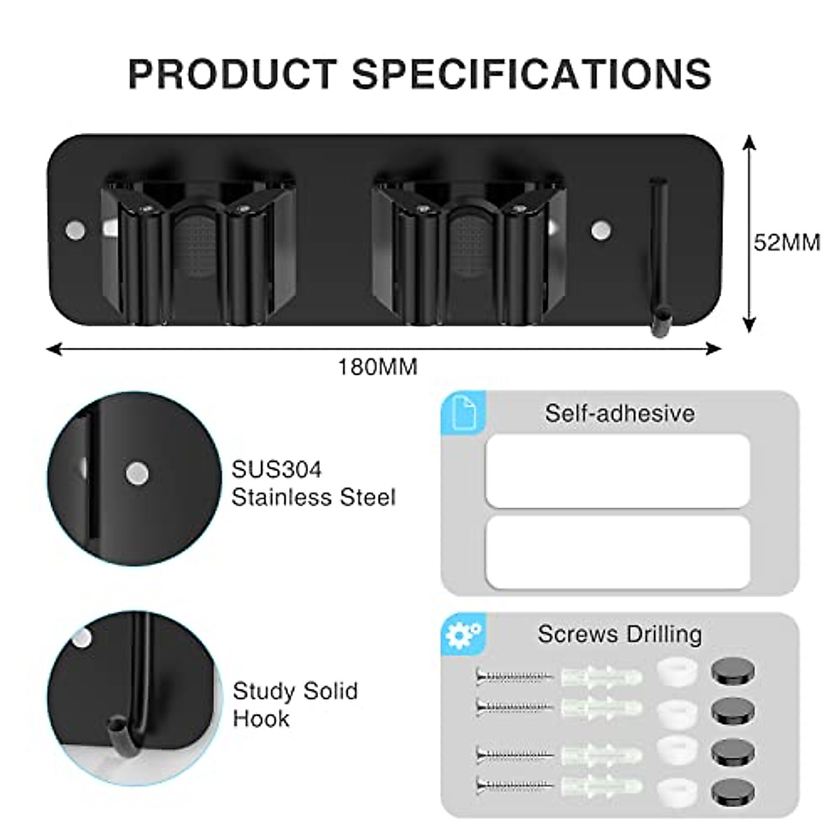 Mop Broom Holder Wall Mounted SUS304 Stainless Steel, HOMEASY Mop Broom Organizer with 2 Installation Methods (No Drilling & Screw Drilling Installation 2 In 1), Mop Hanger Heavy Duty with Hooks, 2PCS