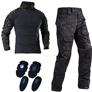 Lilychan Mens Tactical Military Suits Long Sleeve Rip-Stop Uniforms Combat Shirt and Pants Elbow Knee Pads (CP-Black, Large)-1