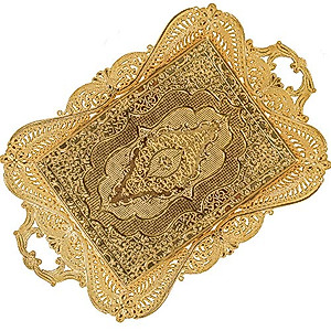 Gold Decorative Turkish Ottoman Tea Coffee Serving Tray with Handles Rectangle for Bar Outdoor Dresser Cups Moroccan Kitchen Perfume Table Party Wedding Vanity Bathroom Counter Candle