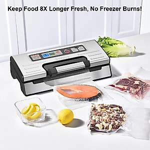 Gasbye Vacuum Sealer Machine, 90kPa Food Sealer with Double Heat Seal for Dry/Moist Food, Easy-lock Handle, Built-in Bag Storage & Cutter, Progress Display, Removable Drip Tray, Silver