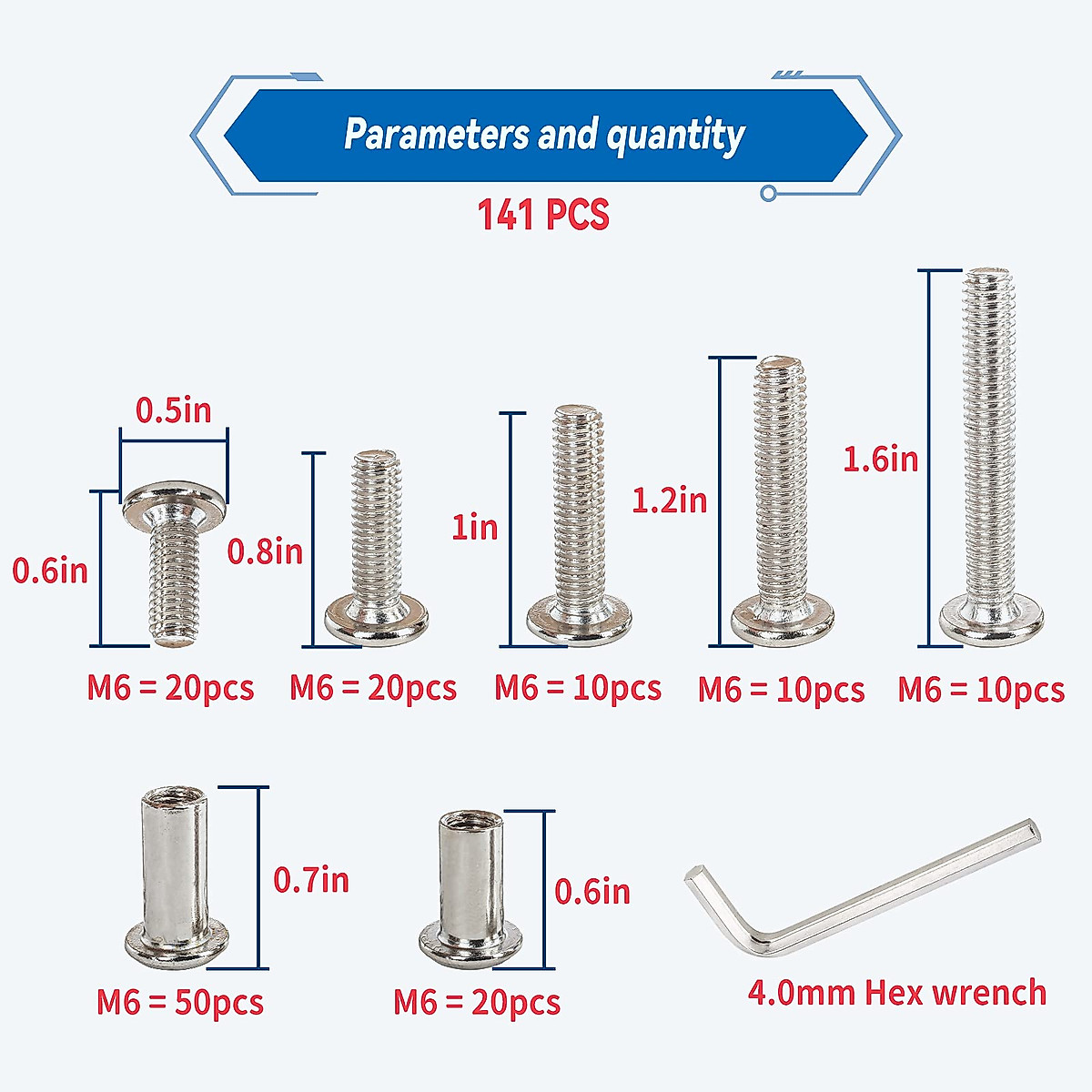 M6 x 16mm/20mm/25mm/30mm/40mm 140Pcs Hex Socket Screws Head Nuts with 1Pc Allen Wrench
