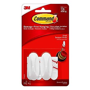 Command Small Designer Hooks, White, 2-Hooks, 4-Strips, 6-Pack, Organize Damage-Free