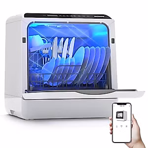 BLITZHOME Portable Dishwasher Countertop, WIFI Smart Dishwasher, Compact Dishwashers with 5L Built-in Water Tank, 5 Programs, 360° Dual Spray, High-Temp& Air-Dry Function, Fruit Cleaning