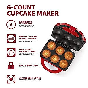 Holstein Housewares - Non-Stick Cupcake Maker, Red - Makes 6 Cup Cakes, Muffins, Cinnamon Buns, and more