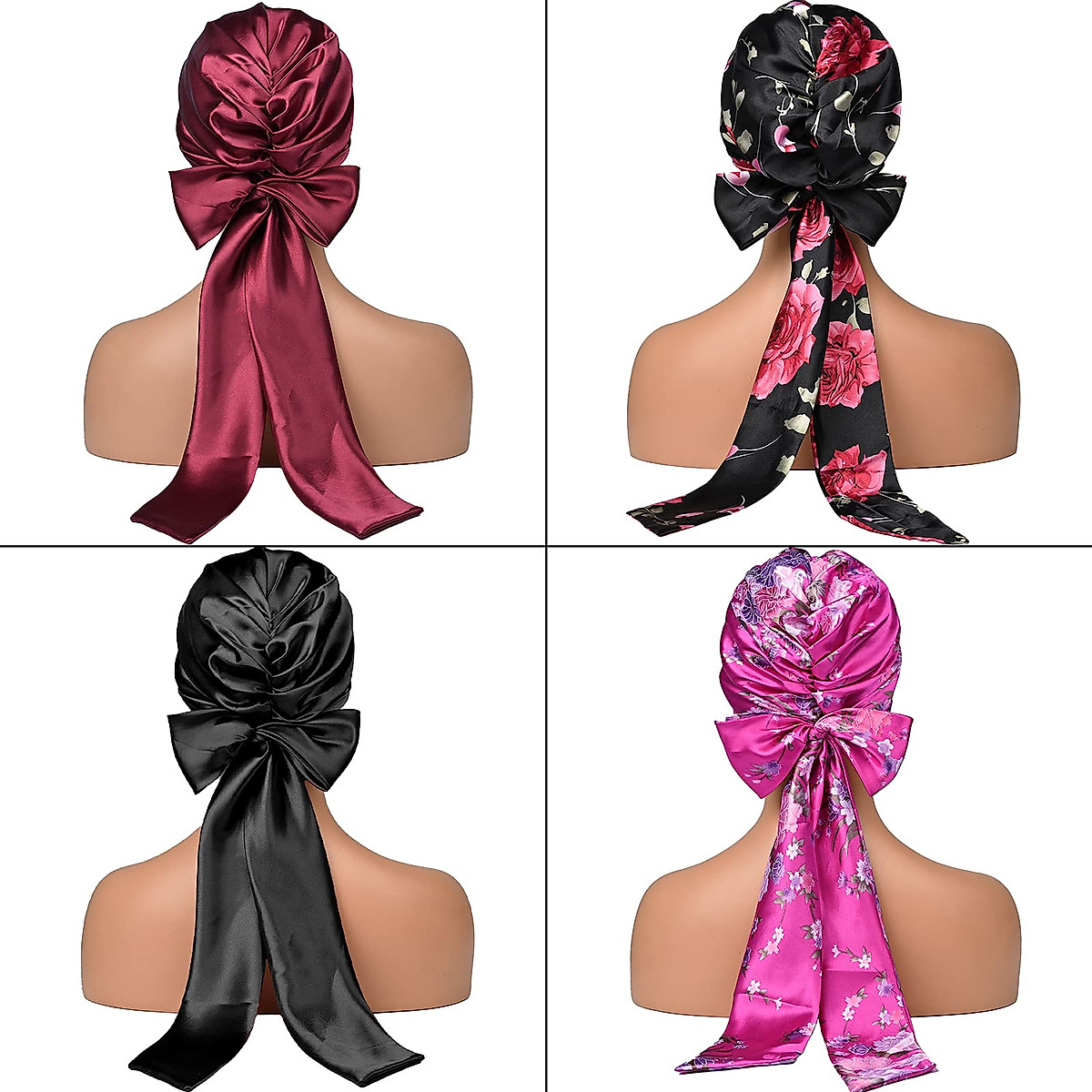4 Pieces Soft Satin Head Scarf Sleeping Cap Turbans Head Cover Bonnet Head Wear for Women (Set 4)