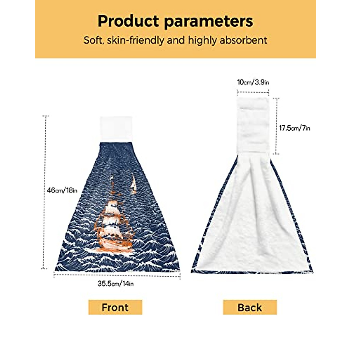 Nautical Adventure Ship Ocean Sailboat Hanging Kitchen Towels Soft Absorbent Hand Tie Towels Set with Hook&Loop,Rough Sea Waters Seascape Tea Bar Dish Cloths Towel for Bathroom Laundry Room BBQ,1pc