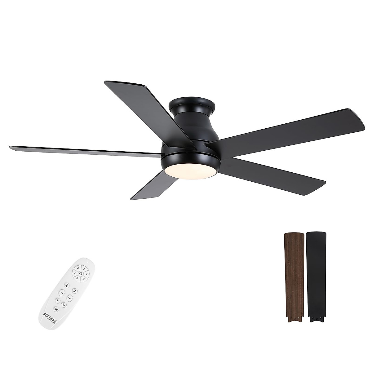 POCHFAN 52 Inch Black Ceiling Fans with Lights and Remote, LED Low Profile Flush Mount Ceiling Fan for Bedroom, Living Room, with Quiet DC Motor, Dimmable 6 Speeds