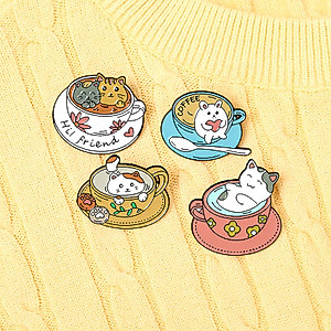 ink2055 Cartoon Cat Coffee Cup Brooch Bag Hats Lapel Enamel Paint Pin Garment Badge Gift,Vintage Fashion Brooch Pins for Women Teen Girls Crafts Gift - 2