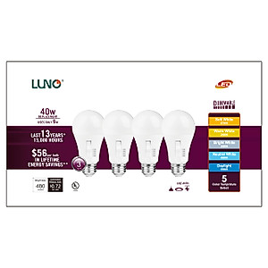 LUNO A19 Dimmable LED Bulb, 6W (40W Equivalent), 480 Lumens, 2700K, 3000K, 3500K, 4000K, 5000K, Color Selectable, 5CCT, UL Listed (4-Pack)